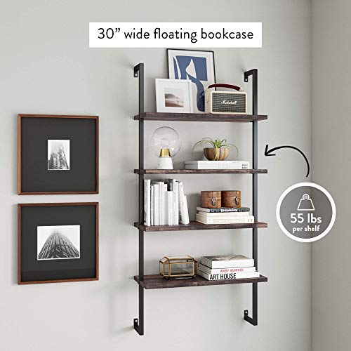 Nathan James Theo 4-Shelf Bookcase, Floating Wall Mount Shelves with Natural Wood and Industrial Pipe Metal Frame, Nutmeg/Black