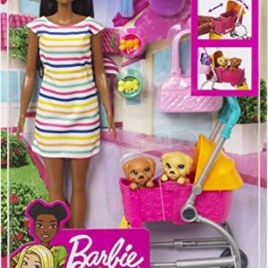 Barbie Dogwalking Doll & Accessories, Stroll & Play Pups Playset with Transforming Stroller, 2 Pets & Handbag, Brunette Doll,Pink