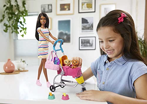 Barbie Dogwalking Doll & Accessories, Stroll & Play Pups Playset with Transforming Stroller, 2 Pets & Handbag, Brunette Doll,Pink