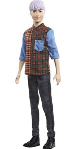 barbie ken fashionistas doll #154 with sculpted purple hair wearing a color-blocked plaid shirt, black denim pants & boots, toy for kids 3 to 8 years old