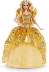 barbie signature 2020 holiday barbie doll (12-inch blonde long hair) in golden gown, with doll stand and certificate of authenticity, gift for 6 year olds and up