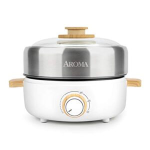 aroma housewares amc-130 whatever pot, indoor grill, cooking, hot pot with glass lid, bamboo handles, 2.5l, stainless steel/white