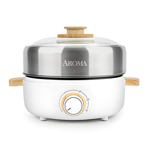 Aroma Housewares AMC-130 Whatever Pot, Indoor Grill, Cooking, Hot Pot with Glass Lid, Bamboo Handles, 2.5L, Stainless Steel/White