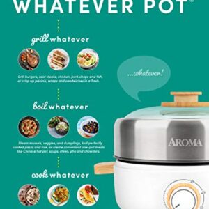 Aroma Housewares AMC-130 Whatever Pot, Indoor Grill, Cooking, Hot Pot with Glass Lid, Bamboo Handles, 2.5L, Stainless Steel/White