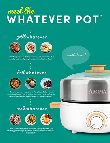 Aroma Housewares AMC-130 Whatever Pot, Indoor Grill, Cooking, Hot Pot with Glass Lid, Bamboo Handles, 2.5L, Stainless Steel/White