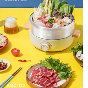 Aroma Housewares AMC-130 Whatever Pot, Indoor Grill, Cooking, Hot Pot with Glass Lid, Bamboo Handles, 2.5L, Stainless Steel/White