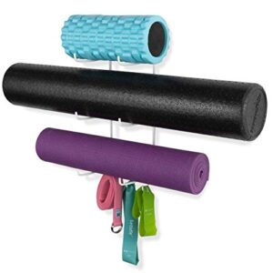 wallniture guru wall mount yoga mat home gym equipment resistance bands and foam roller holder with 3 hooks 3 sectional metal white