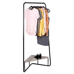 East Bank Designs Corner Garment Rack, Matte Black with Wood Grain Laminate Top