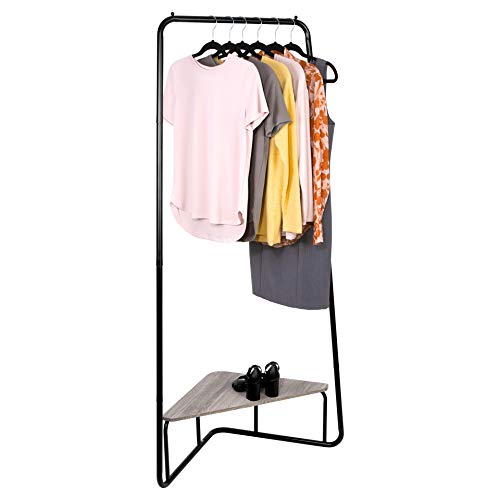 East Bank Designs Corner Garment Rack, Matte Black with Wood Grain Laminate Top