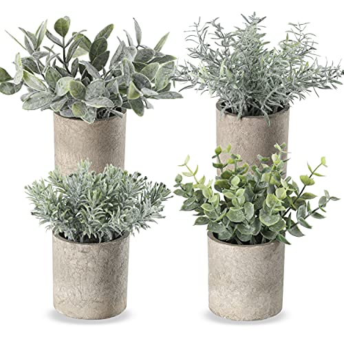 Miracliy Mini Potted Fake Plants Faux Artificial Eucalyptus Boxwood Rosemary Greenery in Gray Pots for Home Office Desk Bathroom Decoration Garden Decor, Indoor & Outdoor,Set of 4