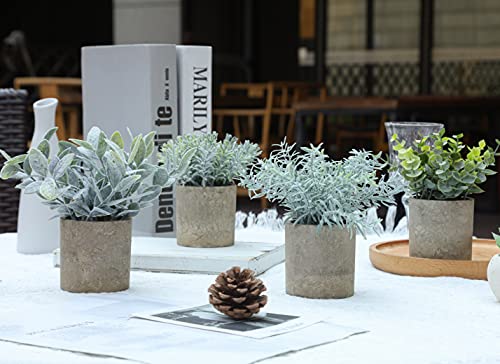 Miracliy Mini Potted Fake Plants Faux Artificial Eucalyptus Boxwood Rosemary Greenery in Gray Pots for Home Office Desk Bathroom Decoration Garden Decor, Indoor & Outdoor,Set of 4