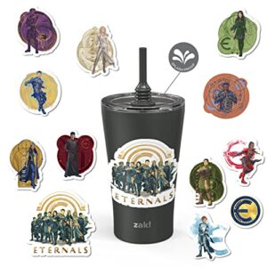 Zak Designs Marvel Eternals 20oz Stainless Steel Alfalfa Vacuum Insulated Tumbler with Sticker, Includes Silicone Straw and Splash Proof Lid, Travel Tumbler Keeps Drinks Cold (20oz, Eternals)