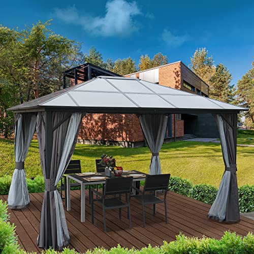 Kozyard Permanent Aluminum Hardtop Gazebo with Composite Polycarbonate Top for Outdoor Patio Lawn and Garden, Curtains and Netting Included (Edward 10ftx12ft)