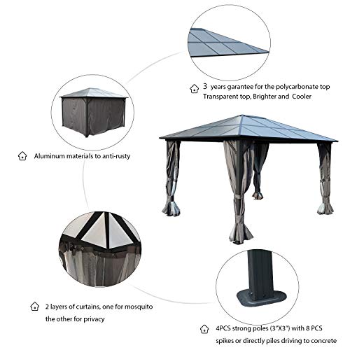 Kozyard Permanent Aluminum Hardtop Gazebo with Composite Polycarbonate Top for Outdoor Patio Lawn and Garden, Curtains and Netting Included (Edward 10ftx12ft)