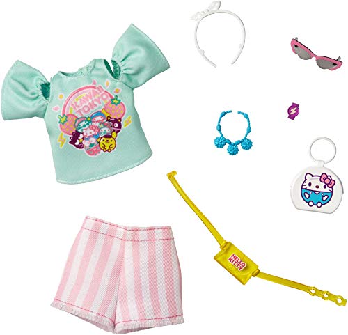 Barbie Storytelling Fashion Pack of Doll Clothes Inspired by Hello Kitty & Friends: Aqua Kawaii Tokyo Top, Striped Shorts & 6 Accessories Dolls, Gift for 3 to 8 Year Olds