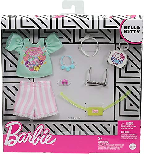 Barbie Storytelling Fashion Pack of Doll Clothes Inspired by Hello Kitty & Friends: Aqua Kawaii Tokyo Top, Striped Shorts & 6 Accessories Dolls, Gift for 3 to 8 Year Olds