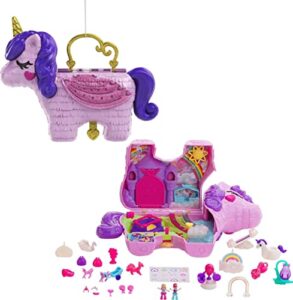 polly pocket 2-in-1 travel toy playset, unicorn toy with 2 dolls & 25 surprise accessories, unicorn party large compact