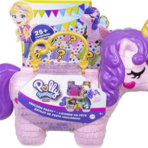 Polly Pocket 2-in-1 Travel Toy Playset, Unicorn Toy with 2 Dolls & 25 Surprise Accessories, Unicorn Party Large Compact