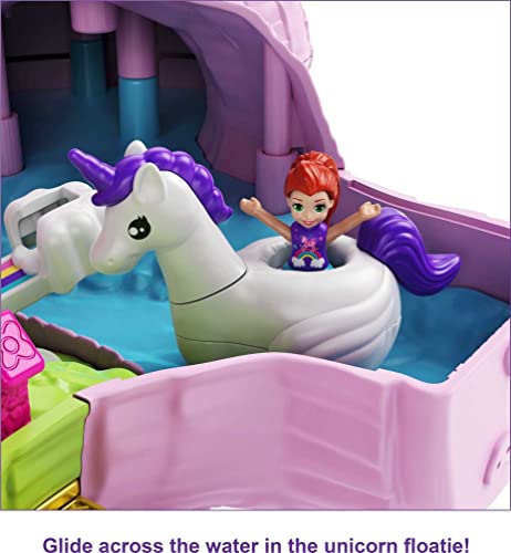 Polly Pocket 2-in-1 Travel Toy Playset, Unicorn Toy with 2 Dolls & 25 Surprise Accessories, Unicorn Party Large Compact