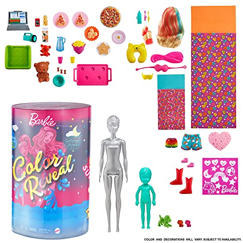 Barbie Color Reveal Set with 50+ Surprises Including 2 Dolls, 3 Pets & 36 Slumber Party-Themed Accessories; Water Reveals Dolls’ & Pets’ Looks & Creates Color Change on Certain Pieces; 28 Mystery Bags