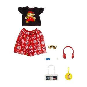 barbie storytelling fashion pack of doll clothes inspired by super mario: graphic top, print skirt & 6 video game-themed accessories dolls, gift for 3 to 8 year olds