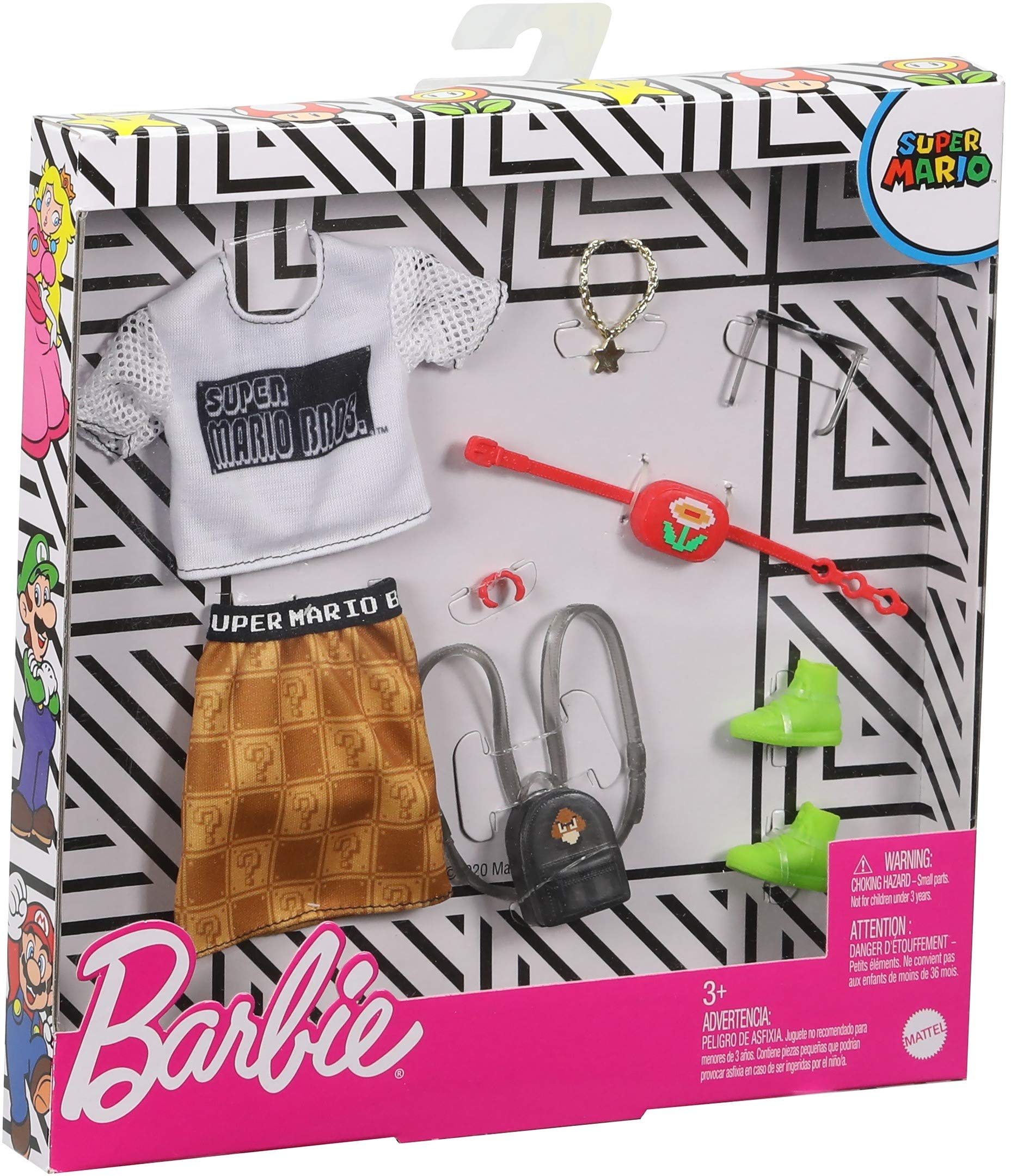 Barbie Storytelling Fashion Pack of Doll Clothes Inspired by Super Mario: Graphic Tee, Patterned Skirt & 6 Accessories Dolls, Gift for 3 to 8 Year Olds