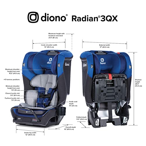 Diono Radian 3QX 4-in-1 Rear & Forward Facing Convertible Car Seat, Safe+ Engineering 3 Stage Infant Protection, 10 Years 1 Car Seat, Ultimate Protection, Slim Fit 3 Across, Blue Sky