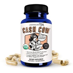 legendairy milk cash cow lactation supplement, moringa, alfalfa, and goat's rue breastfeeding supplement for milk supply increase, fenugreek-free, certified organic, vegan, non-gmo, 60 capsules