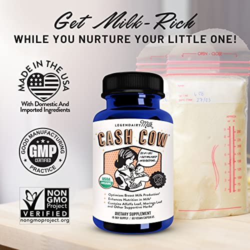 Legendairy Milk Cash Cow Lactation Supplement, Moringa, Alfalfa, and Goat's Rue Breastfeeding Supplement for Milk Supply Increase, Fenugreek-Free, Certified Organic, Vegan, Non-GMO, 60 Capsules