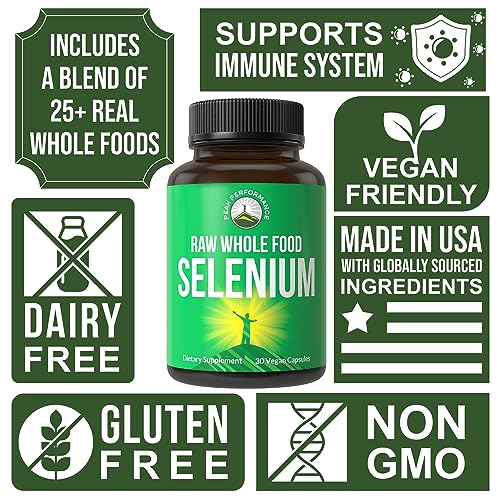 Raw Whole Food Selenium Supplement - Pure Selenium Vegan Capsules for Immune System, Thyroid Support, Heart Health, Prostate. Superior Absorption 30 Pills