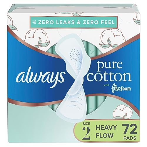 Always Pure Cotton, Feminine Pads For Women, Size 2 Heavy Flow Absorbency, Multipack, With Flexfoam, With Wings, Unscented, 24 Count x 3 Packs (72 Count total)