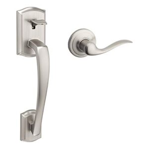 kwikset prescott entry door handleset and lever, stylish front door handle featuring microban protection, non-locking, deadbolt not included, satin nickel