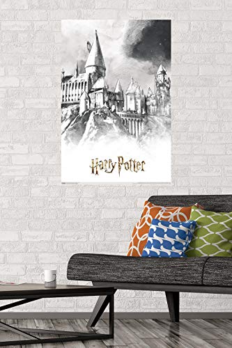 Trends International The Wizarding World: Harry Potter - Illustrated Hogwarts Wall Poster, 22.375" x 34", Poster & Mount Bundle