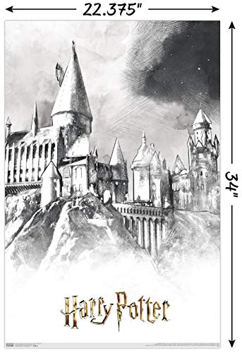 Trends International The Wizarding World: Harry Potter - Illustrated Hogwarts Wall Poster, 22.375" x 34", Poster & Mount Bundle