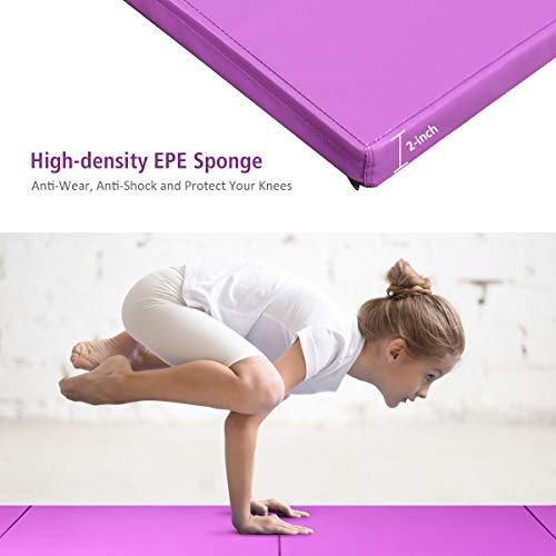 Nightcore 4'x10'x2 Thick Folding Gymnastics Mat, Gym Exercise Pad with Carrying Handles, PU Leather Tumbling Mats, Lightweight Gymnastics Panel Mat for MMA, Aerobics, Stretching, Home Yoga (Purple)