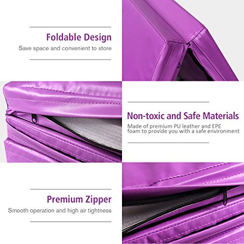 Nightcore 4'x10'x2 Thick Folding Gymnastics Mat, Gym Exercise Pad with Carrying Handles, PU Leather Tumbling Mats, Lightweight Gymnastics Panel Mat for MMA, Aerobics, Stretching, Home Yoga (Purple)