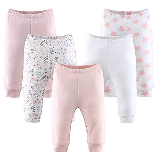 The Peanutshell Baby Girl Pants Set | 5 Pack in Newborn to 24 Month Sizes | Floral, Pink, White, Stars (as1, Age, 12_Months)