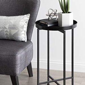 Kate and Laurel Celia Round Metal Foldable Accent Table with Tray Top, Black