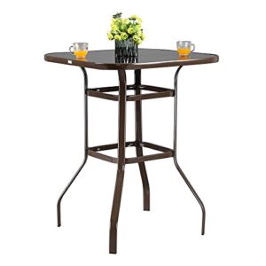 vingli outdoor bar table metal brown patio bar table, tempered glass table top outdoor console tables pub table for patio high top table