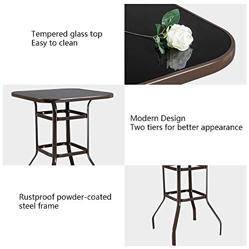 VINGLI Outdoor Bar Table Metal Brown Patio Bar Table, Tempered Glass Table Top Outdoor Console Tables Pub Table for Patio High Top Table