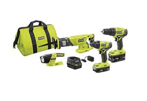 ryobi p1818 18-volt one+ lithium-ion cordless 4-tool combo kit with (2) batteries, 18-volt charger, and bag