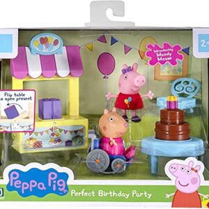 Peppa Pig Perfect Birthday Party Playset, 5 Piece - Includes Peppa and Mandy Mouse Character Figures, Birthday Surprise Stand, Chocolate Cake Table & Chair - Toy Gift for Kids - Ages 2+