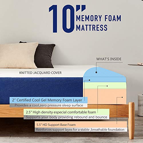 JINGWEI Full Mattress, 10 inch Gel Infused Memory Foam Mattress in a Box, Premium Bed Mattress with Breathable Soft Cover - Medium Firm Feel with Motion Isolating