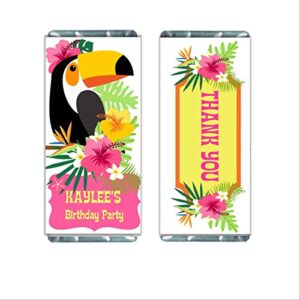 toucan party favors, personalized candy wrappers chocolate, tropical birthday party, pack of 20 custom hershey bar labels