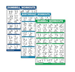 quickfit 3 pack - dumbbell workouts + bodyweight exercises + barbell routine poster set - set of 3 workout charts (laminated, 18" x 27")