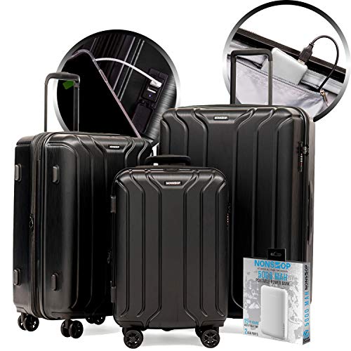 NONSTOP NEW YORK Luggage Expandable Spinner Wheels hard side shell Travel Suitcase Set 3 Piece (Black, 3-Piece Set (20/24/28) W/Power Bank)