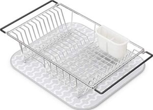 simple houseware large over sink counter top dish drainer drying rack with drying mat and utensil holder, chrome