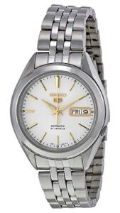 seiko 5 snkl17 men's stainless steel white dial gold index day date automatic watch