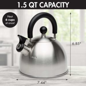 Primula Stewart Whistling Stovetop Tea Kettle Food Grade Stainless Steel, Hot Water Fast to Boil, Cool Touch Folding, 1.5-Quart, Brushed with Black Handle