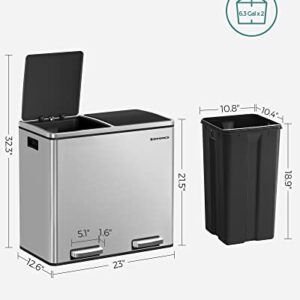 SONGMICS Trash Can, 2 x 6.3-Gallon (2 x 24L) Dual Garbage Can, Pedal Recycle Bin with Lids and Inner Buckets for Small Kitchens, Stainless Steel, Soft Closure, Airtight, Silver ULTB48NL